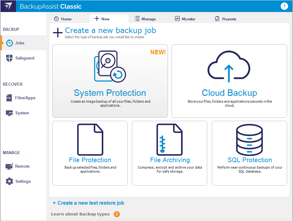 BackupAssist Backup tab