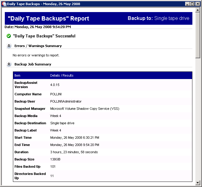 A comprehensive view of the backup results, including useful statistics